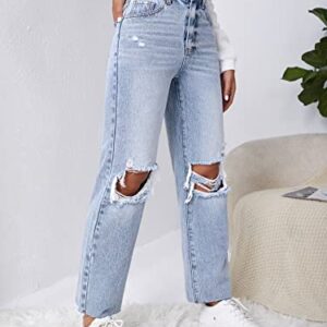 SweatyRocks Women's High Waist Ripped Distressed Cropped Jeans Straight Leg Denim Pants Light Wash L