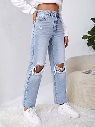 SweatyRocks Women's High Waist Ripped Distressed Cropped Jeans Straight Leg Denim Pants Light Wash L