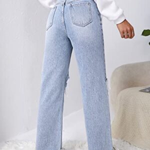 SweatyRocks Women's High Waist Ripped Distressed Cropped Jeans Straight Leg Denim Pants Light Wash L