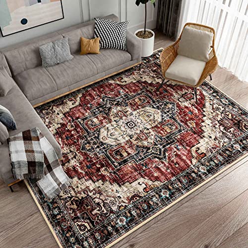 TNAVILL Vintage Area Rug 5x7,Machine Washable Boho Rug for Living Room Bedroom, Non Slip Soft Faux Wool Low Pile, Antique Aesthetic Persian Medallion Carpet for Dining Room, Red Brown