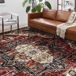 TNAVILL Vintage Area Rug 5x7,Machine Washable Boho Rug for Living Room Bedroom, Non Slip Soft Faux Wool Low Pile, Antique Aesthetic Persian Medallion Carpet for Dining Room, Red Brown