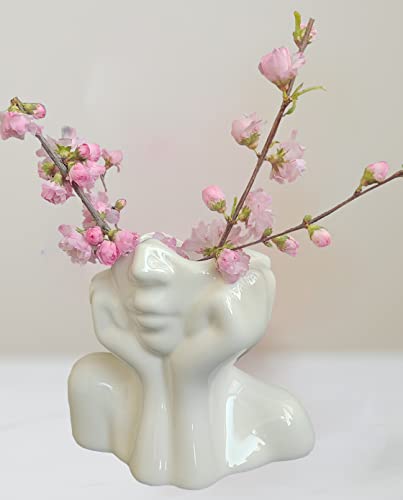 Female Form Ceramic Body Face Art Vase Ideal For Home Office Bookshelf Table Shelf Décor Modern Farmhouse 5.52x2.76x4.73Inch, Small