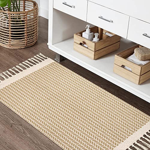 Lahome Boho Bathroom Rugs, Small 2x3 Front Door Mat Lightweight Kitchen Rug Woven Cotton Area Rug with Tassels, Farmhouse Non-Shedding Washable Throw Rug Low Pile Carpet for Entry Laundry, Khaki