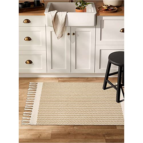 Lahome Boho Bathroom Rugs, Small 2x3 Front Door Mat Lightweight Kitchen Rug Woven Cotton Area Rug with Tassels, Farmhouse Non-Shedding Washable Throw Rug Low Pile Carpet for Entry Laundry, Khaki