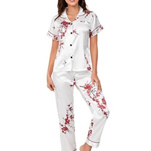 WDIRARA Women's 2 Piece Satin Pajamas Floral Silk Short Sleeve Button Down Shirt and Pants Pajama Pj Set White S