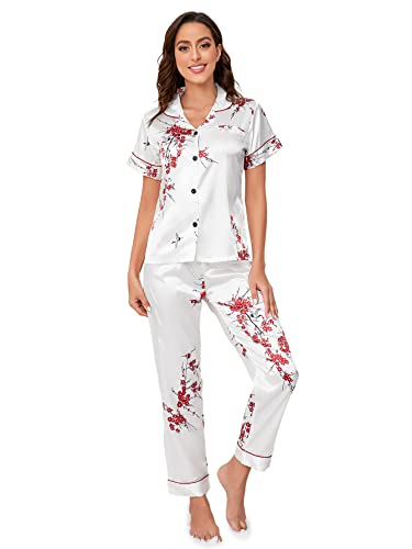 WDIRARA Women's 2 Piece Satin Pajamas Floral Silk Short Sleeve Button Down Shirt and Pants Pajama Pj Set White S