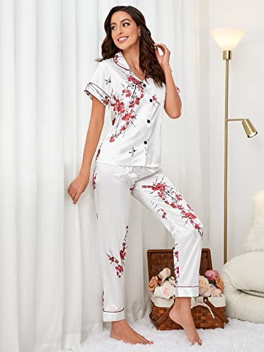 WDIRARA Women's 2 Piece Satin Pajamas Floral Silk Short Sleeve Button Down Shirt and Pants Pajama Pj Set White S