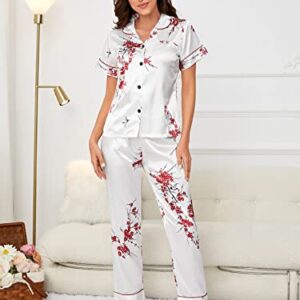 WDIRARA Women's 2 Piece Satin Pajamas Floral Silk Short Sleeve Button Down Shirt and Pants Pajama Pj Set White S