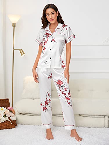 WDIRARA Women's 2 Piece Satin Pajamas Floral Silk Short Sleeve Button Down Shirt and Pants Pajama Pj Set White S