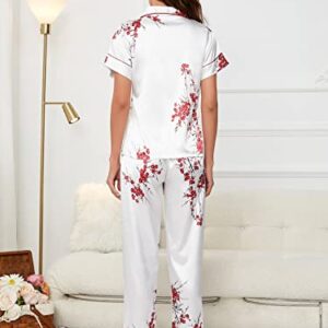 WDIRARA Women's 2 Piece Satin Pajamas Floral Silk Short Sleeve Button Down Shirt and Pants Pajama Pj Set White S