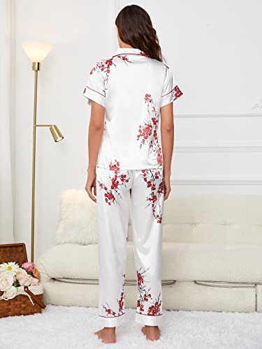 WDIRARA Women's 2 Piece Satin Pajamas Floral Silk Short Sleeve Button Down Shirt and Pants Pajama Pj Set White S