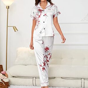 WDIRARA Women's 2 Piece Satin Pajamas Floral Silk Short Sleeve Button Down Shirt and Pants Pajama Pj Set White S