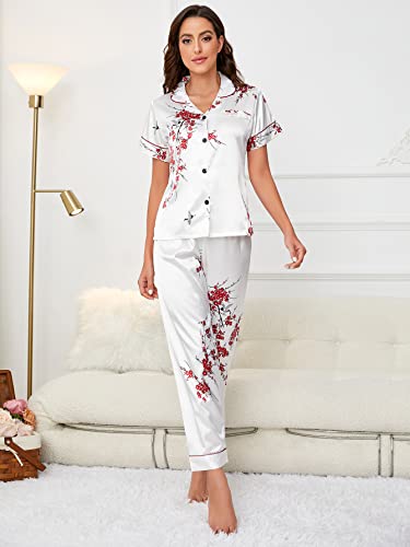 WDIRARA Women's 2 Piece Satin Pajamas Floral Silk Short Sleeve Button Down Shirt and Pants Pajama Pj Set White S