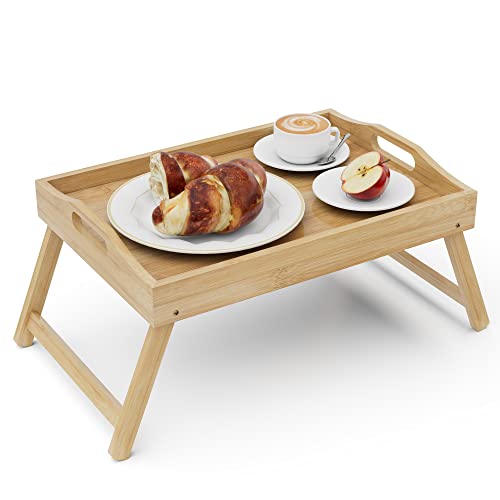 RichFire Bed Tray with Handles and Foldable Legs, Bamboo Bed Table Bed Desk, Breakfast in Bed Tray for Food and Snacks