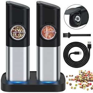 heyrsun electric salt and pepper grinder set, 2 usb rechargeable stainless pepper grinder with led light, adjustable coarseness, refillable automatic salt and pepper grinder set with charging base