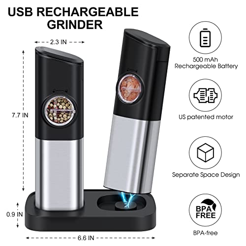 Heyrsun Electric Salt and Pepper Grinder Set, 2 Usb Rechargeable Stainless Pepper Grinder with Led Light, Adjustable Coarseness, Refillable Automatic Salt and Pepper Grinder Set with Charging Base