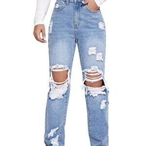 WDIRARA Women's High Waisted Ripped Straight Leg Jeans Cut Out Button Denim Pants Light Wash M