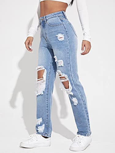 WDIRARA Women's High Waisted Ripped Straight Leg Jeans Cut Out Button Denim Pants Light Wash M