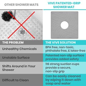 Vive Shower Mat - 22" by 22" Square Non Slip Large Bath Mat for Bathtub - Patented Design - Suction Cup Traction Skid Pad for Stalls Floors Tub - Textured Rubber with Drain Hole