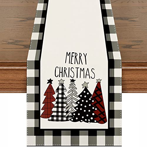 UYPGOIN Waterclor Buffalo Plaid Christmas Trees Table Runner, Seasonal Winter Merry Xmas Holiday Kitchen Dining Decoration for Indoor Outdoor Home Party 13x72 Inches