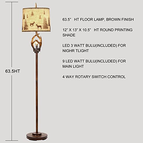 Scenekoy Rustic Farmhouse Antlers Floor Lamp with Nightlight Brown Finish Round Shade Lamps for Living Room Bedroom Office Study House