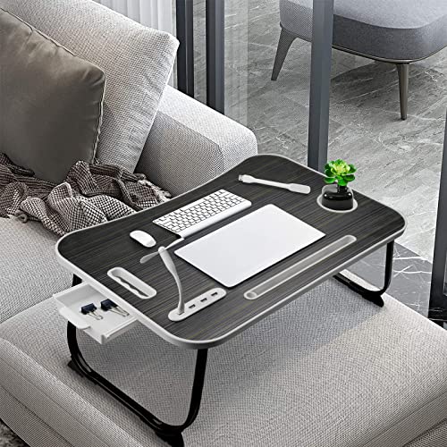 Bed Desk,Lap Table Tray with USB Charge Port,Cup Holder and Storage Drawer,Portable Laptop Stand for Sofa Floor Working Writing Reading (Black)