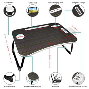 Bed Desk,Lap Table Tray with USB Charge Port,Cup Holder and Storage Drawer,Portable Laptop Stand for Sofa Floor Working Writing Reading (Black)