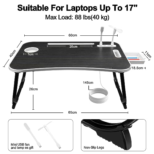 Bed Desk,Lap Table Tray with USB Charge Port,Cup Holder and Storage Drawer,Portable Laptop Stand for Sofa Floor Working Writing Reading (Black)