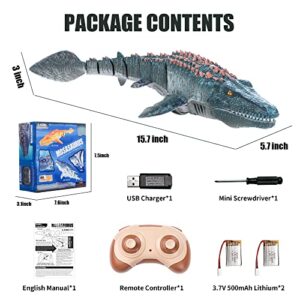 Mifine Remote Control Mosasaurus Water Pool Toys for Kids, 2x500mAh RC Boat Dinosaur 1:18 High Simulation Scale Dino, with Light & Spray Water - Swimming & Bath Toy Gift for Boys and Girls