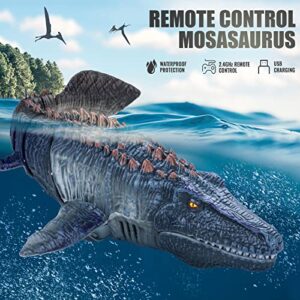 Mifine Remote Control Mosasaurus Water Pool Toys for Kids, 2x500mAh RC Boat Dinosaur 1:18 High Simulation Scale Dino, with Light & Spray Water - Swimming & Bath Toy Gift for Boys and Girls