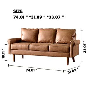 XIZZI Mid-Century Sofa Modern Faux Leather 3-Seat Couch with Rolled Arm and Wood Grain Legs for Living Room,74" W Brown