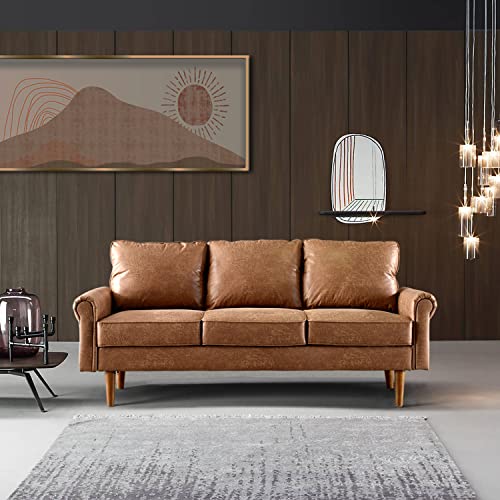 XIZZI Mid-Century Sofa Modern Faux Leather 3-Seat Couch with Rolled Arm and Wood Grain Legs for Living Room,74" W Brown