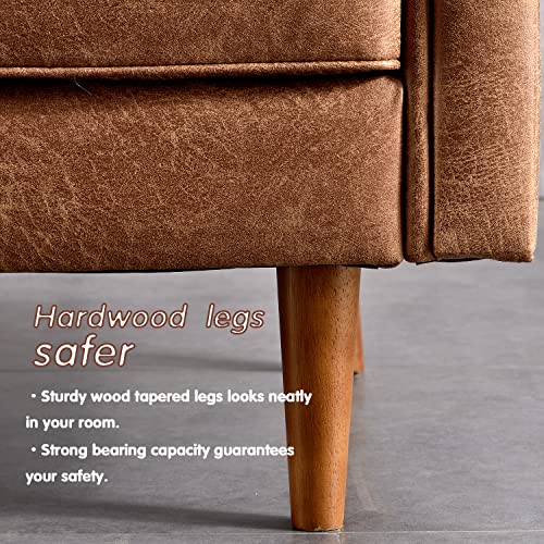 XIZZI Mid-Century Sofa Modern Faux Leather 3-Seat Couch with Rolled Arm and Wood Grain Legs for Living Room,74" W Brown