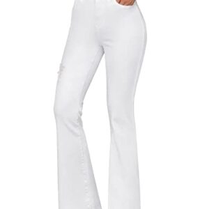 roswear Women’s High Waisted Bell Bottom Stretch Ripped Curvy Flare Jeans White Small