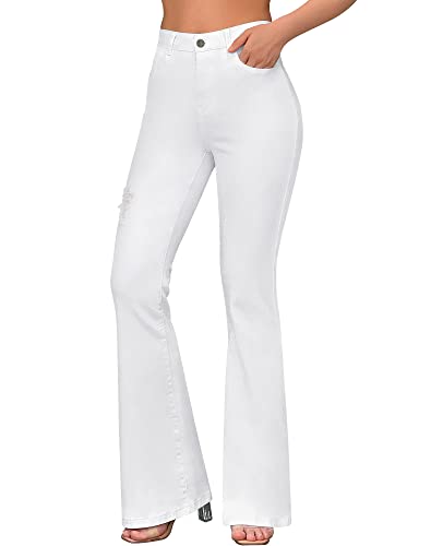 roswear Women’s High Waisted Bell Bottom Stretch Ripped Curvy Flare Jeans White Small