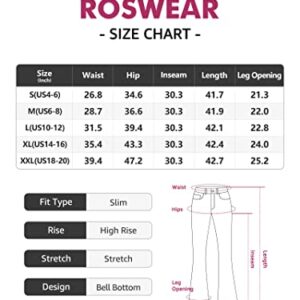 roswear Women’s High Waisted Bell Bottom Stretch Ripped Curvy Flare Jeans White Small