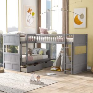 yilibo wood wooden l-shaped triple ladders and 2 storage drawers, space-saving design, built-in ladder & solid slat support for kids teens bedroom, grey, twin size bunk bed