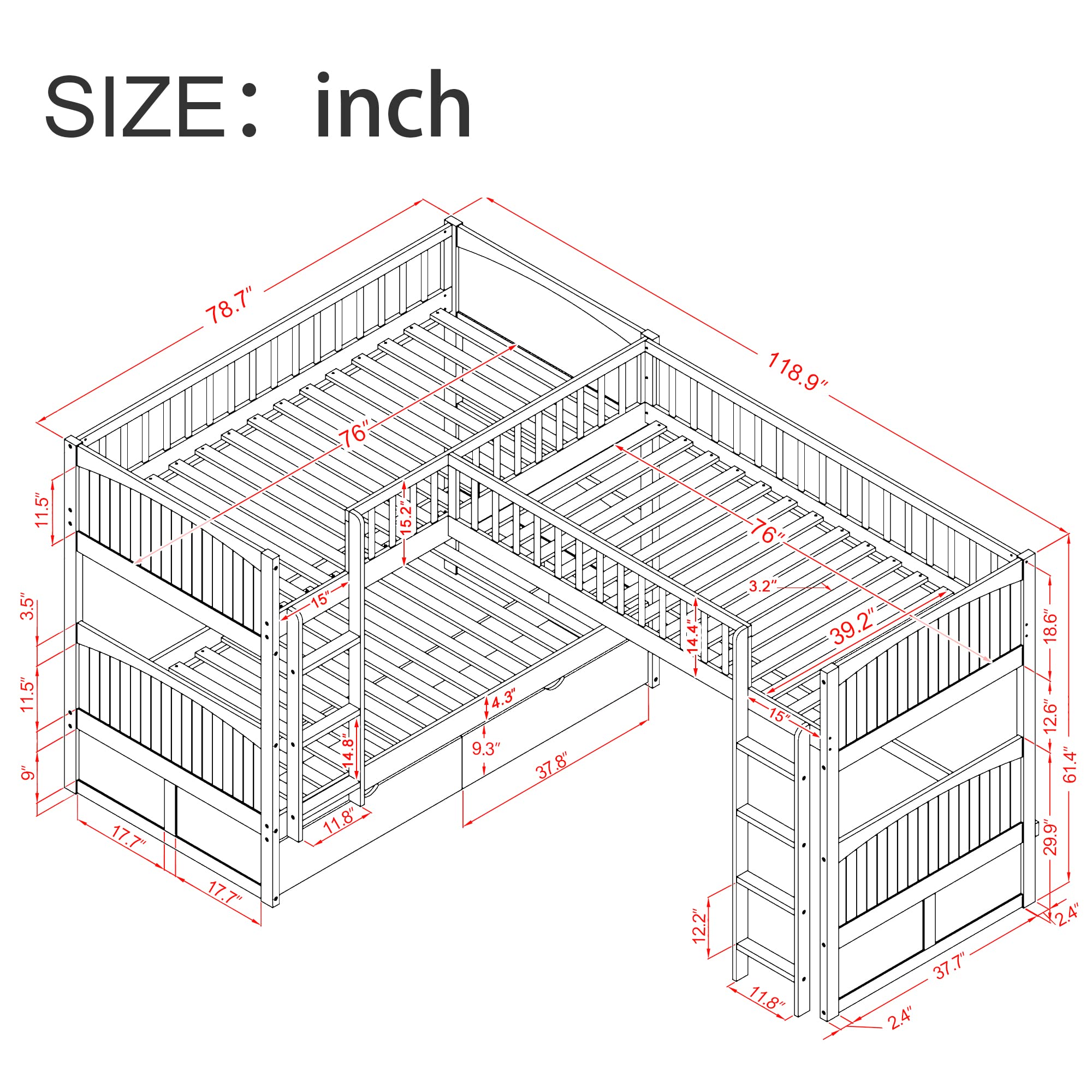 YILIBO Wood Wooden L-Shaped Triple Ladders and 2 Storage Drawers, Space-Saving Design, Built-in Ladder & Solid Slat Support for Kids Teens Bedroom, Grey, Twin Size Bunk Bed