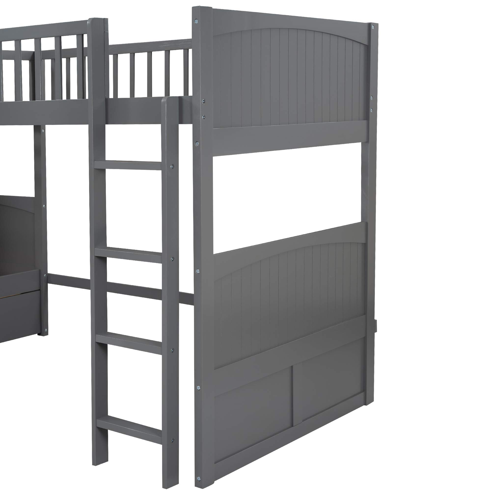 YILIBO Wood Wooden L-Shaped Triple Ladders and 2 Storage Drawers, Space-Saving Design, Built-in Ladder & Solid Slat Support for Kids Teens Bedroom, Grey, Twin Size Bunk Bed