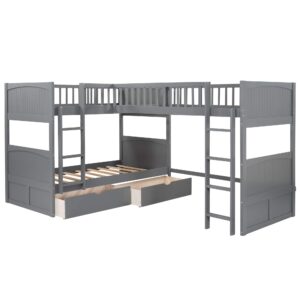 YILIBO Wood Wooden L-Shaped Triple Ladders and 2 Storage Drawers, Space-Saving Design, Built-in Ladder & Solid Slat Support for Kids Teens Bedroom, Grey, Twin Size Bunk Bed