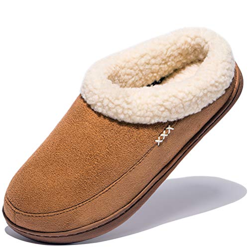 NewDenber Women's Warm Memory Foam Slippers Suede Plush Fleece Lined Slip on Indoor Outdoor House Shoes (8-9 B(M) US, Tan)