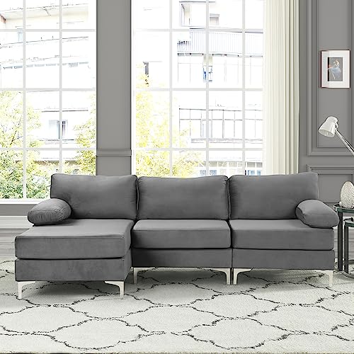 Casa Andrea Milano Modern Large Velvet Fabric Sectional Sofa, L-Shape Couch with Extra Wide Chaise Lounge, Grey