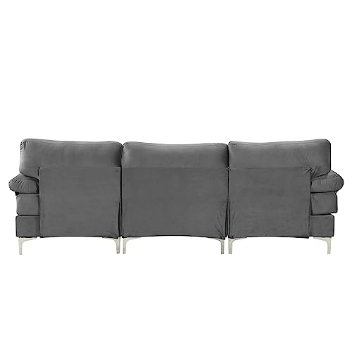 Casa Andrea Milano Modern Large Velvet Fabric Sectional Sofa, L-Shape Couch with Extra Wide Chaise Lounge, Grey