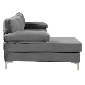 Casa Andrea Milano Modern Large Velvet Fabric Sectional Sofa, L-Shape Couch with Extra Wide Chaise Lounge, Grey