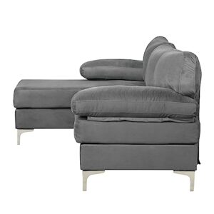 Casa Andrea Milano Modern Large Velvet Fabric Sectional Sofa, L-Shape Couch with Extra Wide Chaise Lounge, Grey