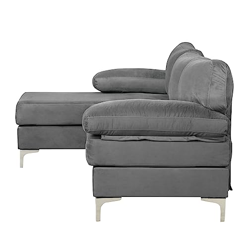 Casa Andrea Milano Modern Large Velvet Fabric Sectional Sofa, L-Shape Couch with Extra Wide Chaise Lounge, Grey