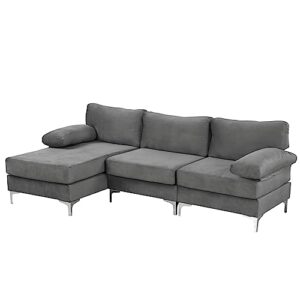 Casa Andrea Milano Modern Large Velvet Fabric Sectional Sofa, L-Shape Couch with Extra Wide Chaise Lounge, Grey