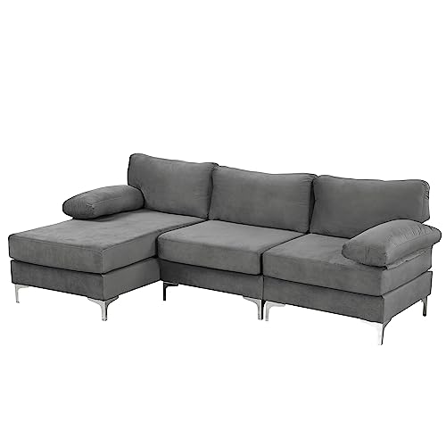 Casa Andrea Milano Modern Large Velvet Fabric Sectional Sofa, L-Shape Couch with Extra Wide Chaise Lounge, Grey