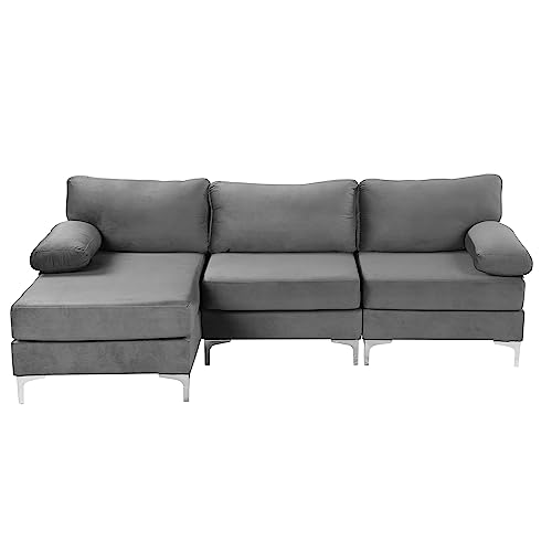 Casa Andrea Milano Modern Large Velvet Fabric Sectional Sofa, L-Shape Couch with Extra Wide Chaise Lounge, Grey