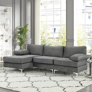 Casa Andrea Milano Modern Large Velvet Fabric Sectional Sofa, L-Shape Couch with Extra Wide Chaise Lounge, Grey